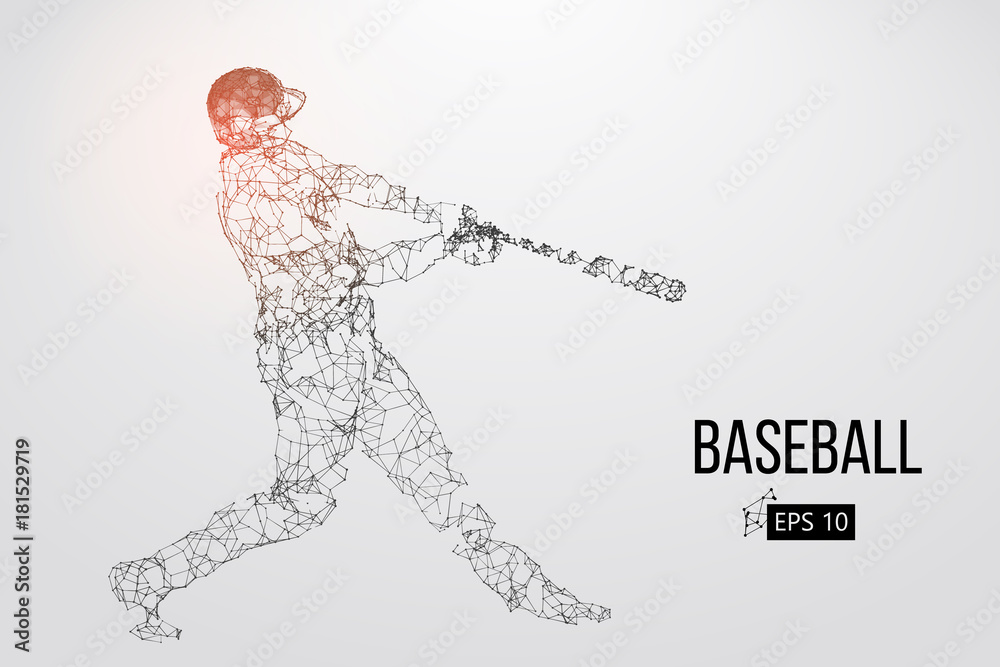 Silhouette of a baseball player. Dots, lines, triangles, text, color ...