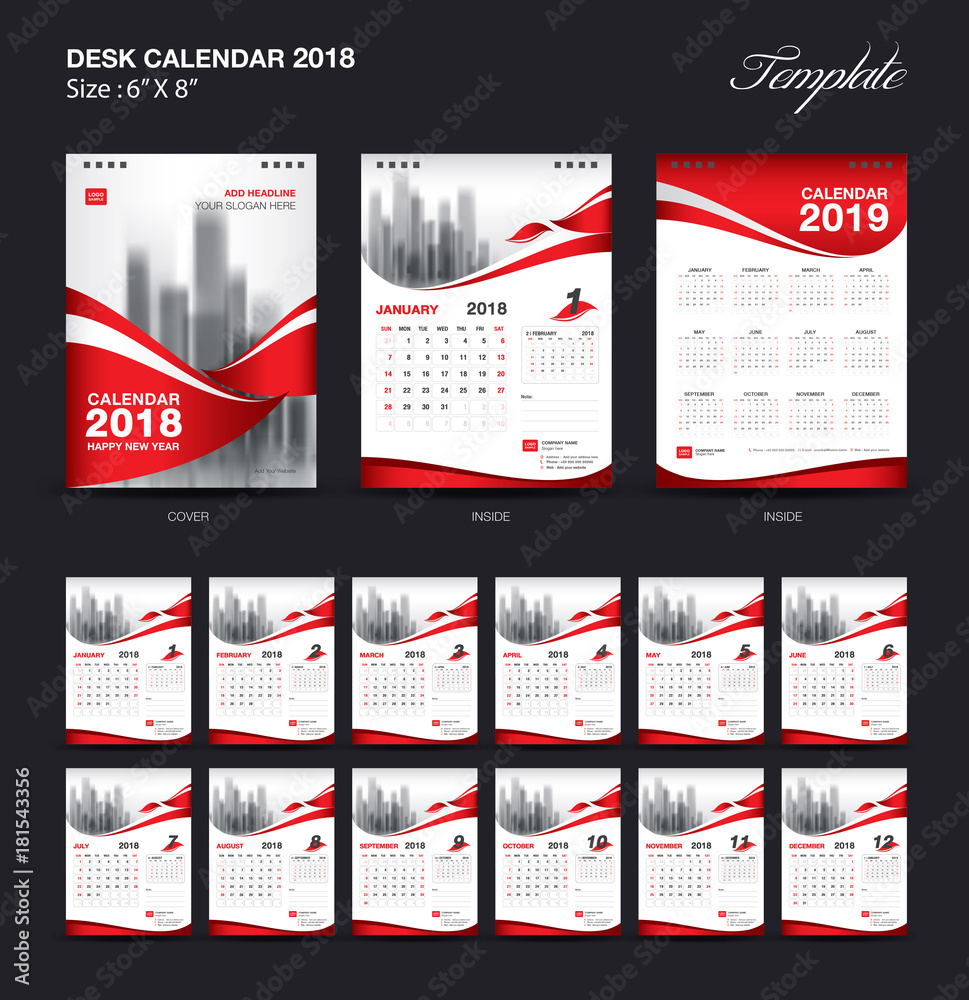 Set red Desk Calendar 2018 year size 6 x 8 inch template, Set of 12 ...