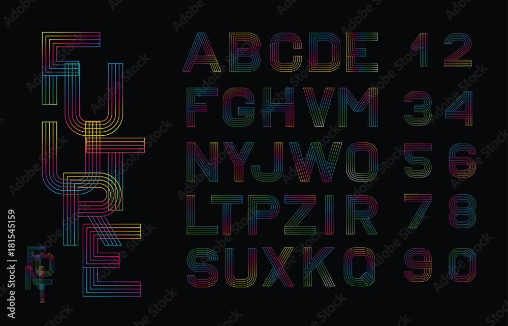 Vector linear font. Alphabet multicolored lines. Simple and minimalist ...