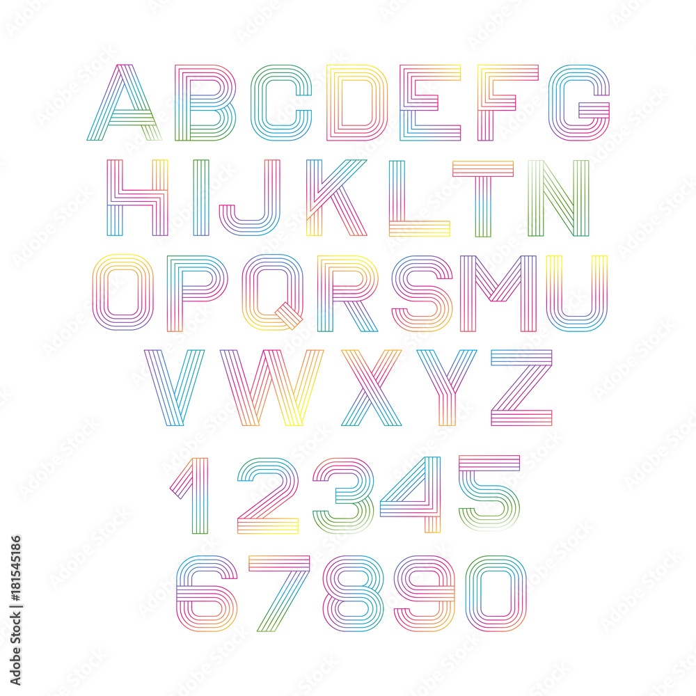 Vector linear font. Alphabet multicolored lines. Simple and minimalist ...