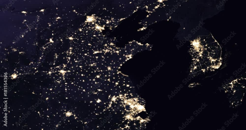 Earth from space at night: eastern China. Clip is reversible. Data ...