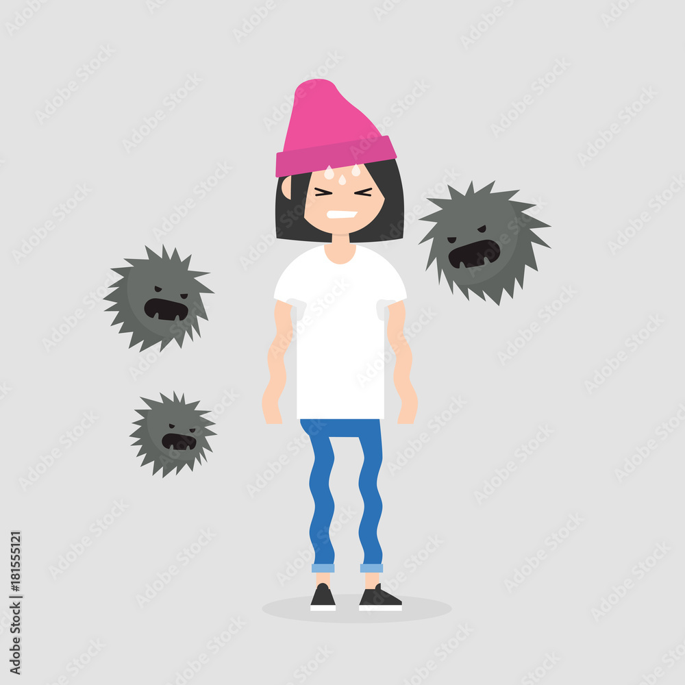 Panic attack. Young scared girl surrounded by angry flying monsters ...