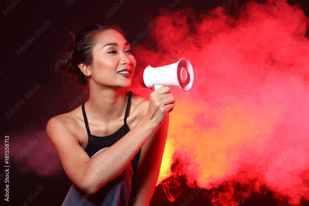 Smoke Tan Skin Asian Woman black hair dark lip with Dense Fluffy Puffs ...