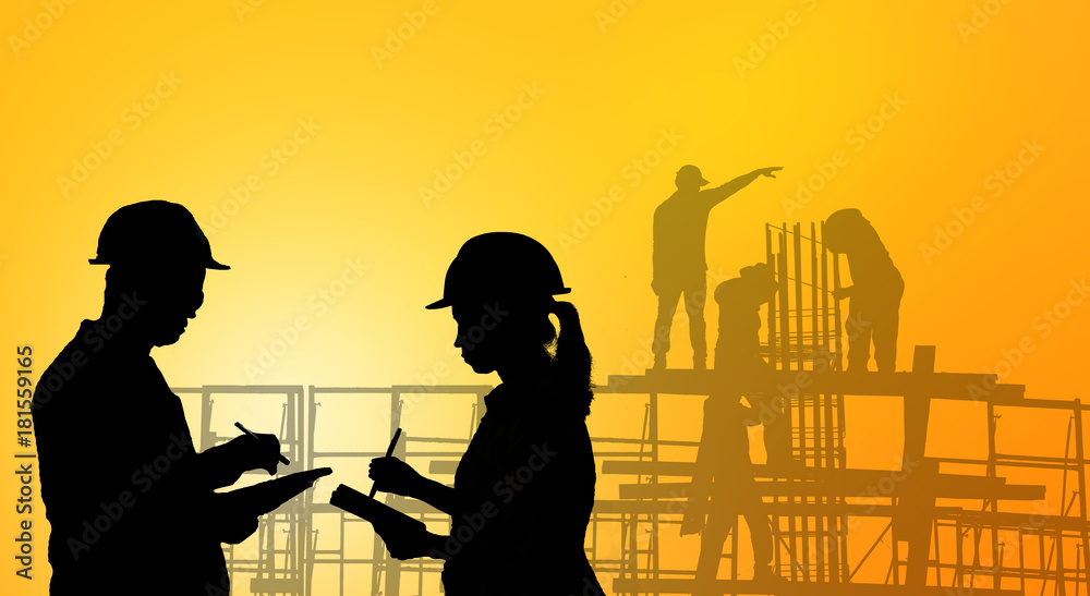 silhouette portrait of engineer Work order in construction site on ...