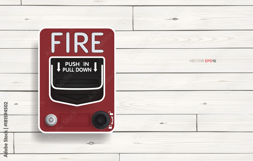Fire alarm switch on white wooden texture background. Vector ...