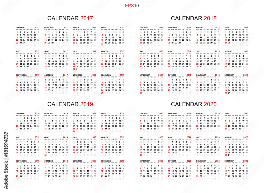 Calendar 2017, 2018, 2019 and 2020 - Calendar background set in simple ...