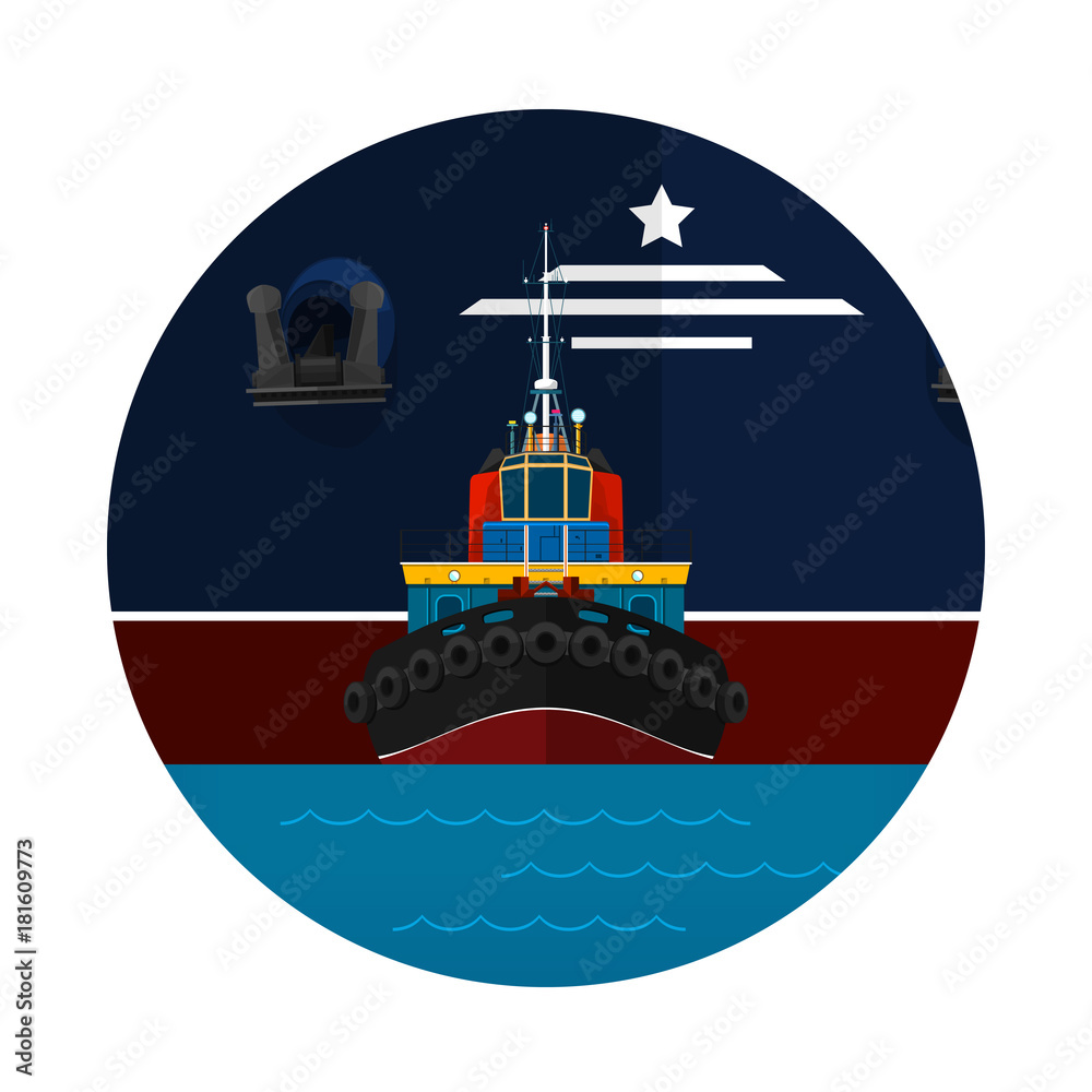 Tugboat Towing a Large Ship Icon, Front View of the Push Boats for to ...