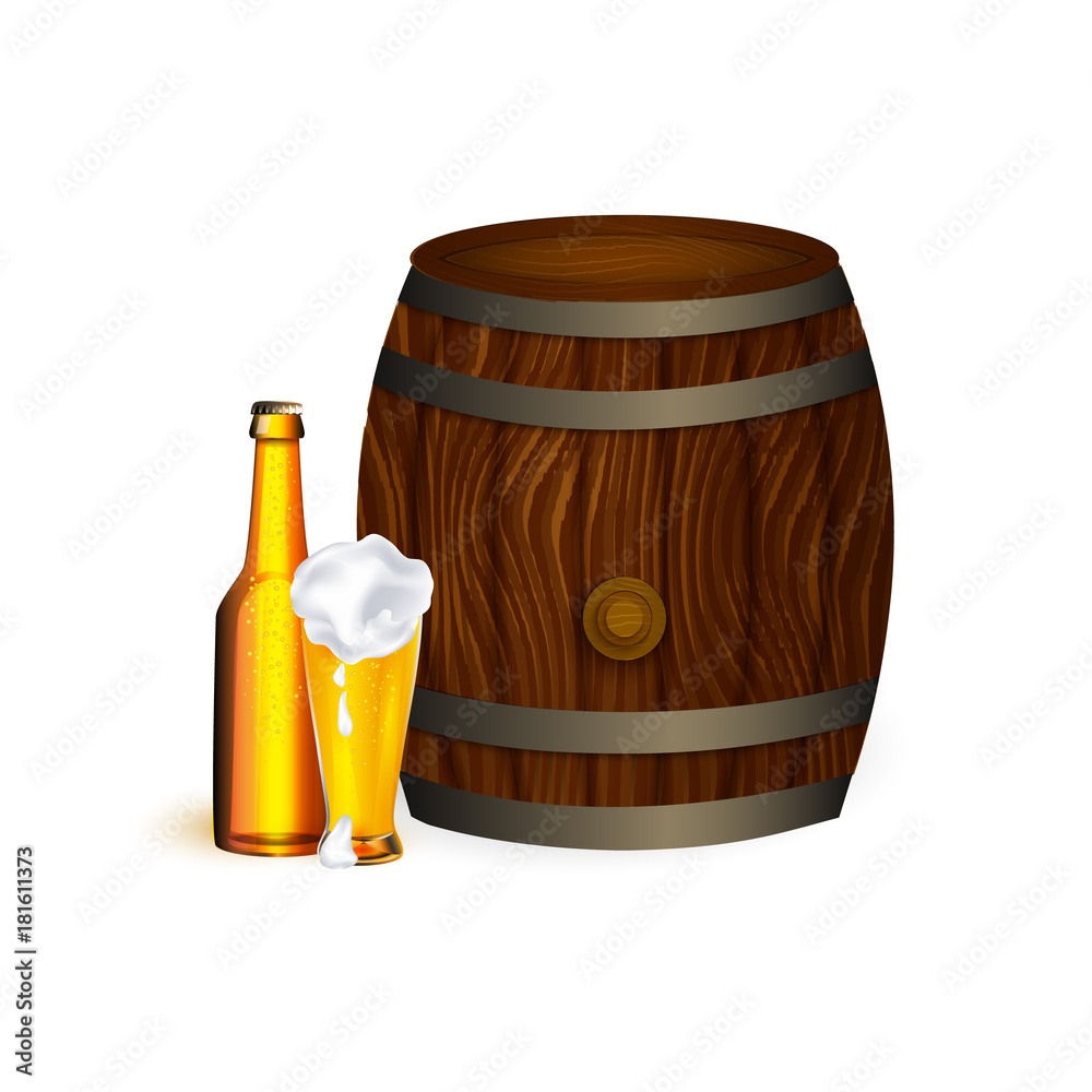 vector realistic beer wooden oak keg barrel with iron rings, glass ...