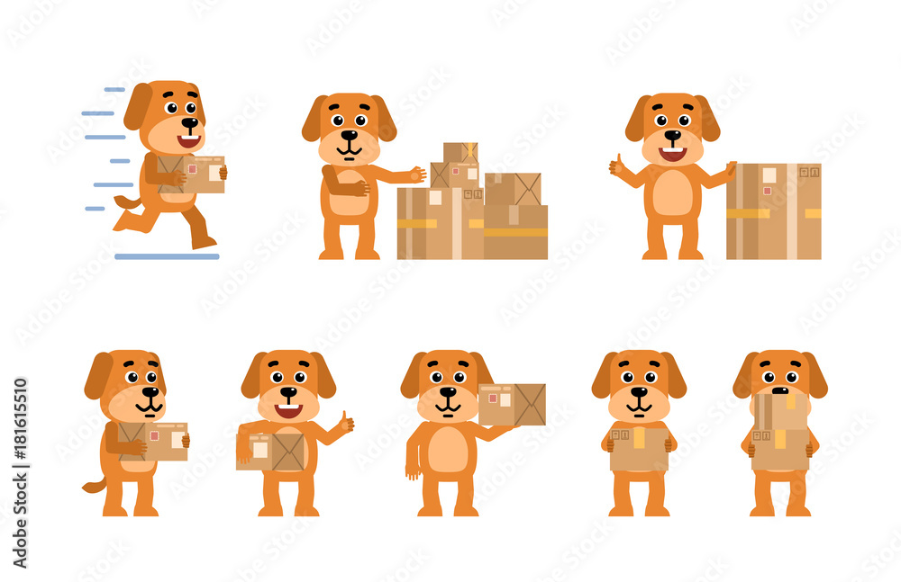 Set of funny yellow dog characters posing with parcel box in different ...