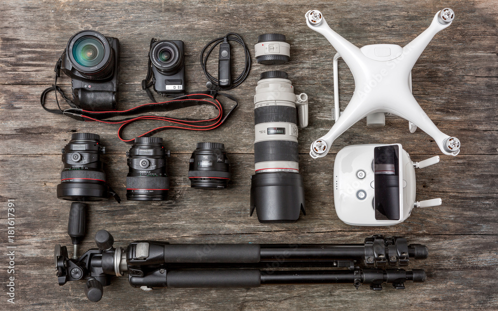 Equipment of a modern photographer with a drone Stock Photo | Adobe Stock