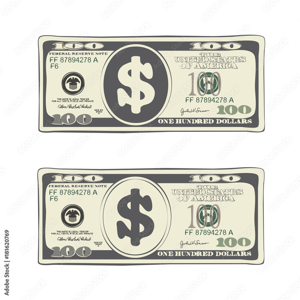 100 dollars in flat cartoon style. Vector design of one hundred dollar ...