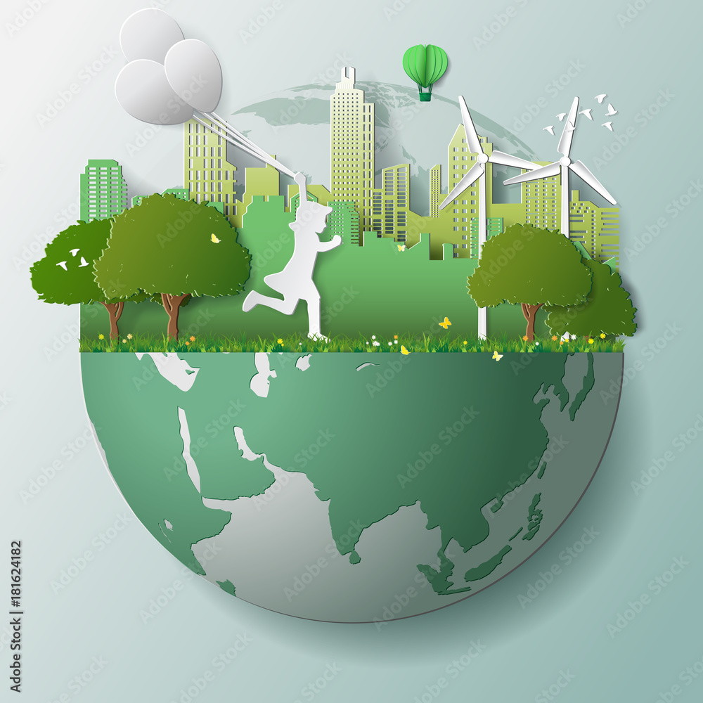 Paper folding art origami style vector illustration. Green renewable ...