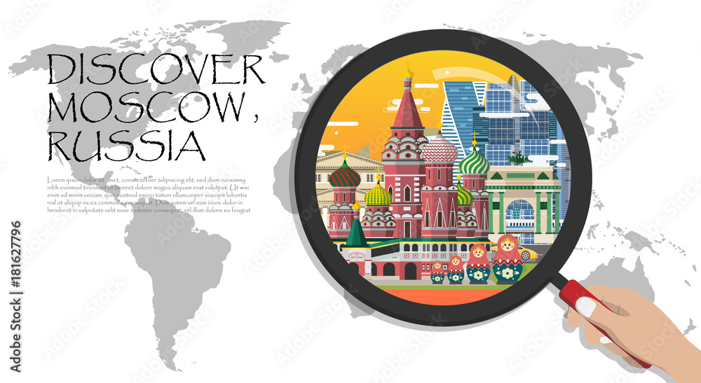Moscow infographic tourist sights of Russia ,World Map with Magnifying ...