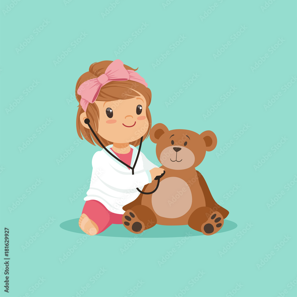 Cartoon toddler girl playing doctor, examining her plush teddy bear toy ...