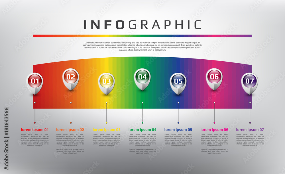 Horizontal rainbow timeline info graphic. 7 parts concept. Can be used ...