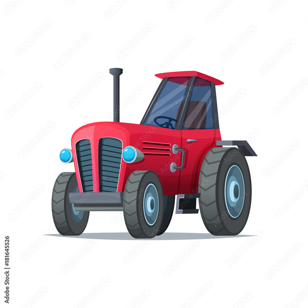 Red cartoon tractor isolated on white background. Heavy agricultural ...