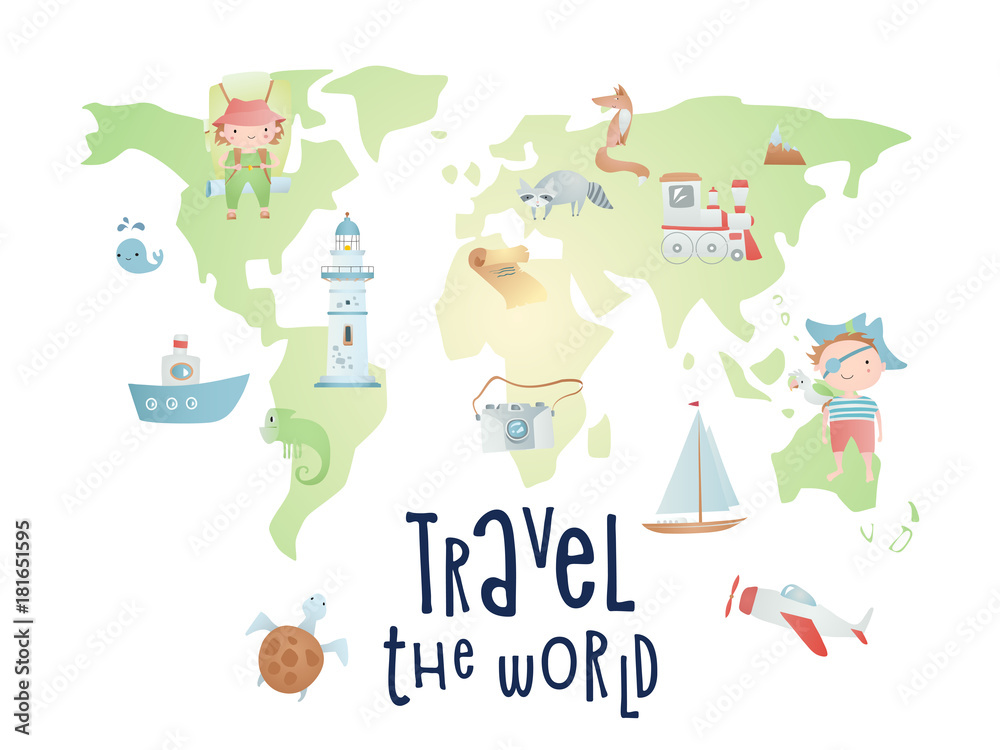 Set of cartoon elements on the world map. Time of adventure. Holiday ...