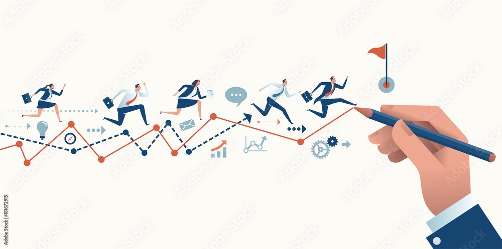 Path to the goal. Businessman‘s hand drawing a line leading to the goal ...