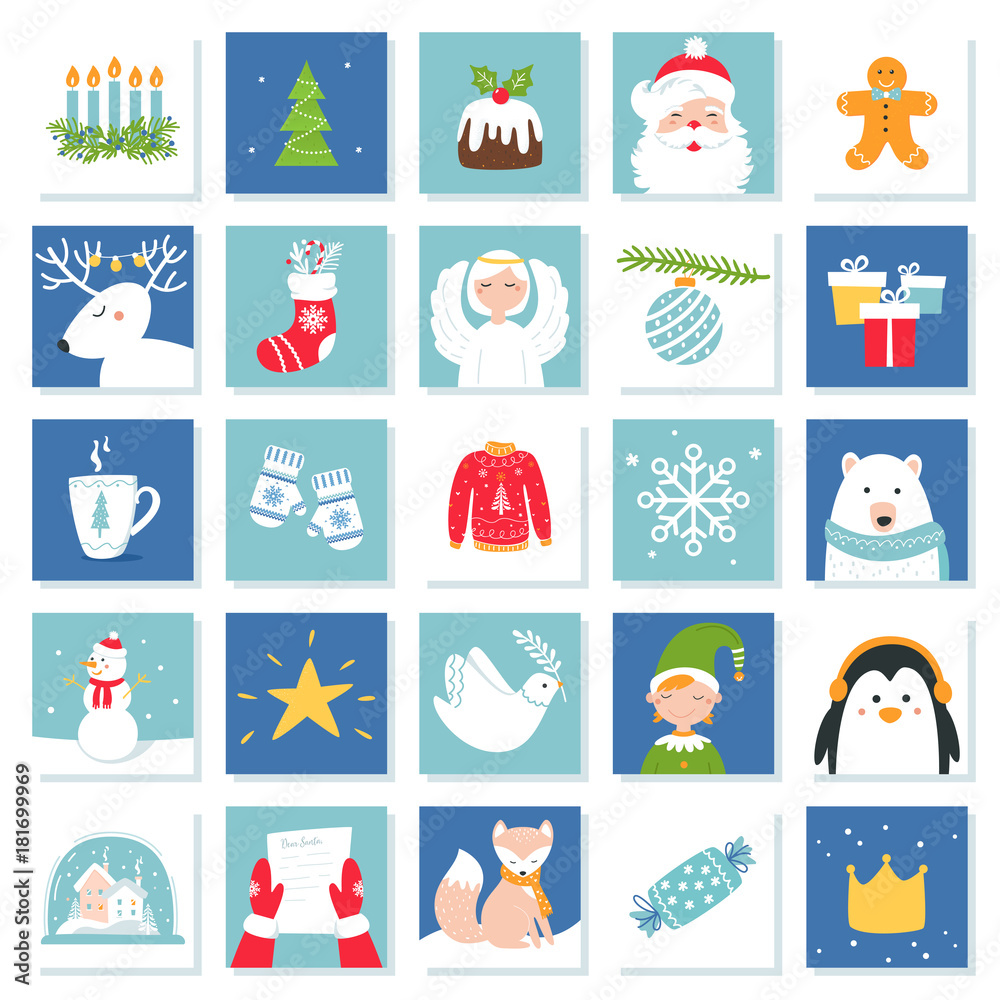 Christmas and New Year Celebration Symbols. Advent Calendar or Bingo ...