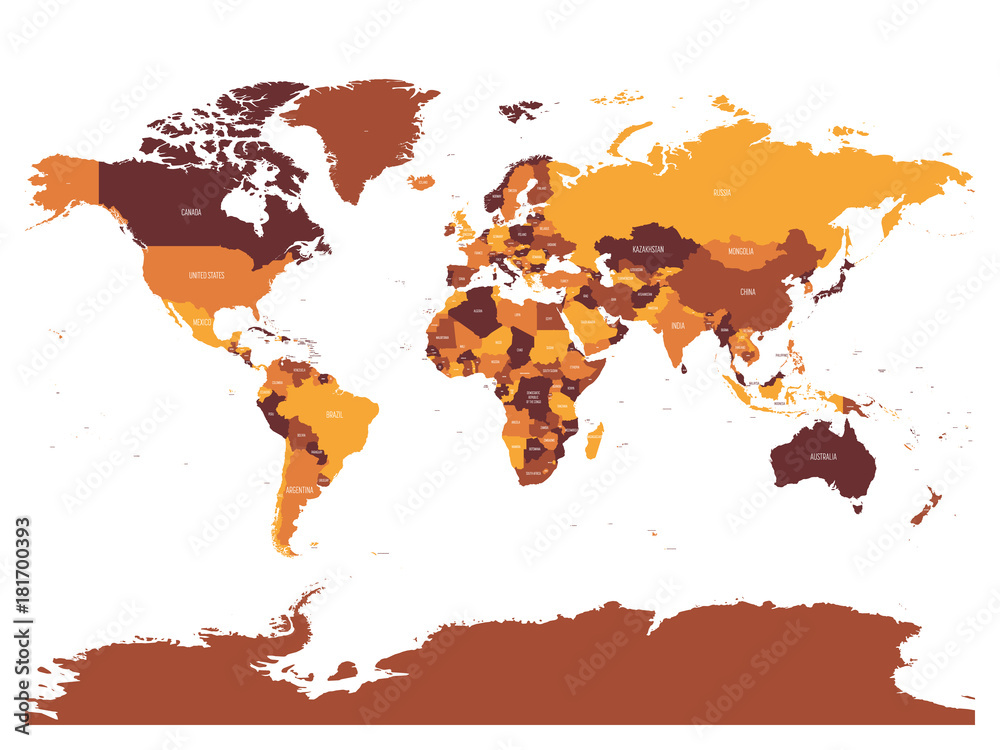 World map in four shades of brown on white background. High detail ...