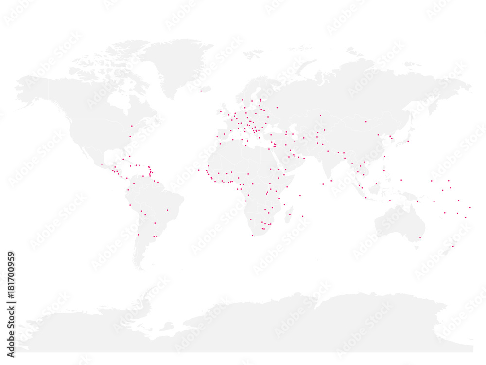 Vector political map of World with capital cities marked as pink dots ...