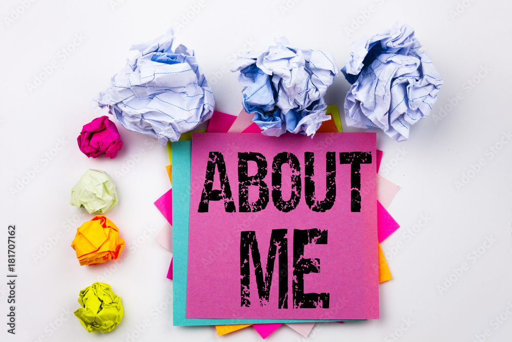 Writing text showing About Me written on sticky note in office with ...