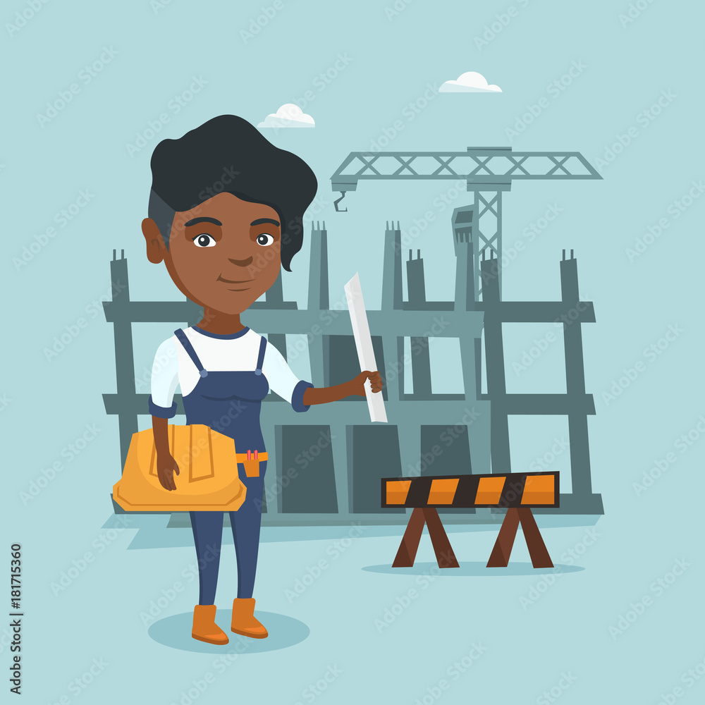 Young african engineer standing at construction site with blueprint ...
