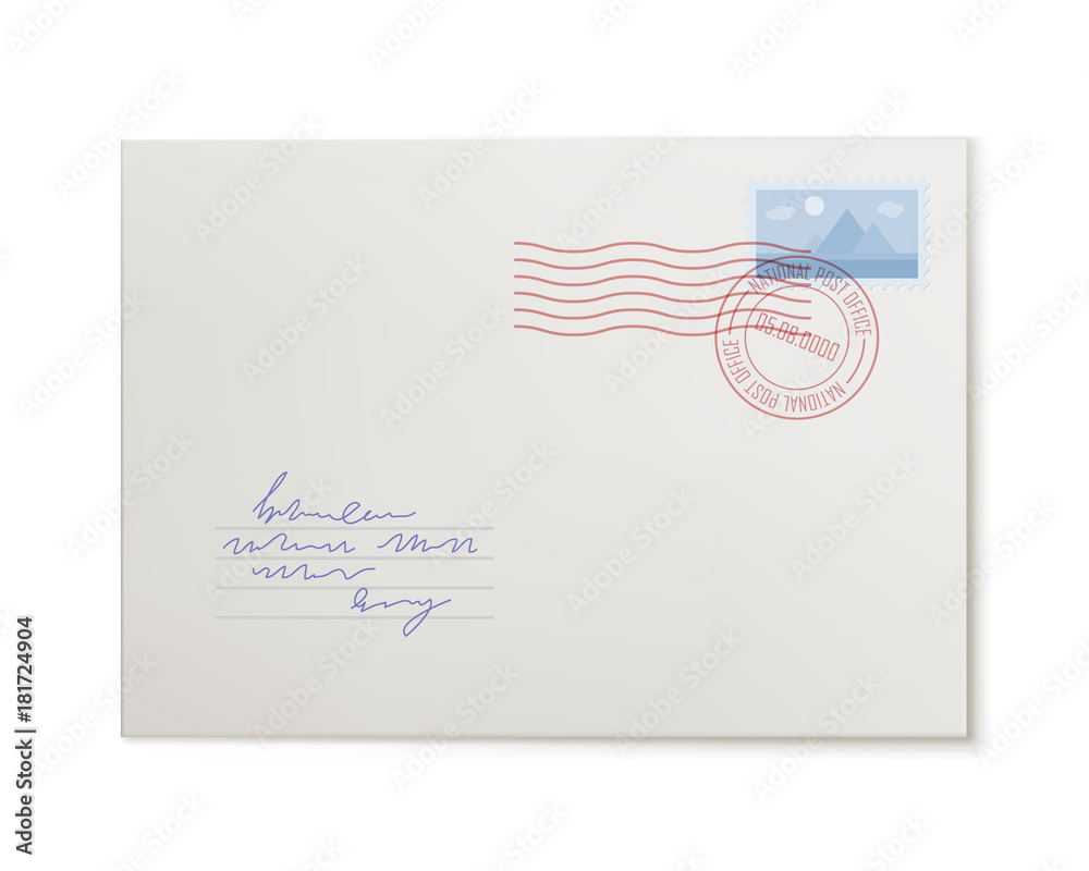 Mail envelope, front view, isolated. Postal message with address, stamp ...