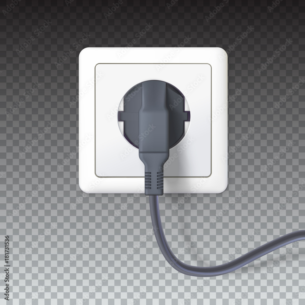 Realistic black plugs inserted in electrical outlet, isolated on ...