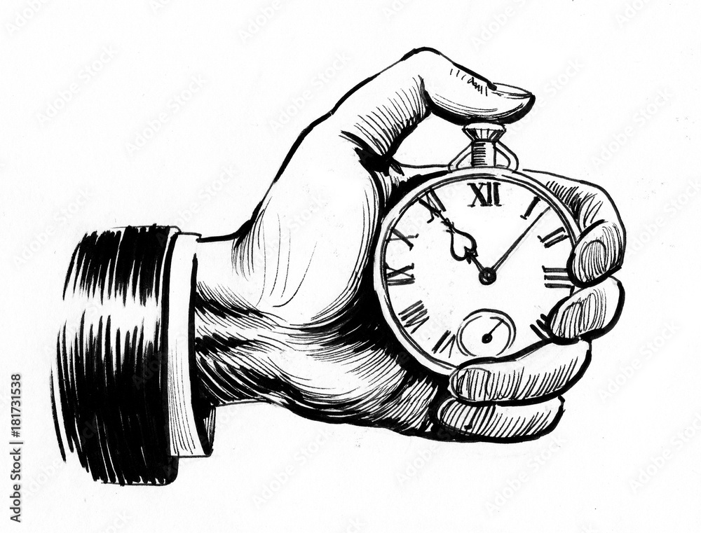 Hand with a stop watch. Black and white ink illustration. Stock ...