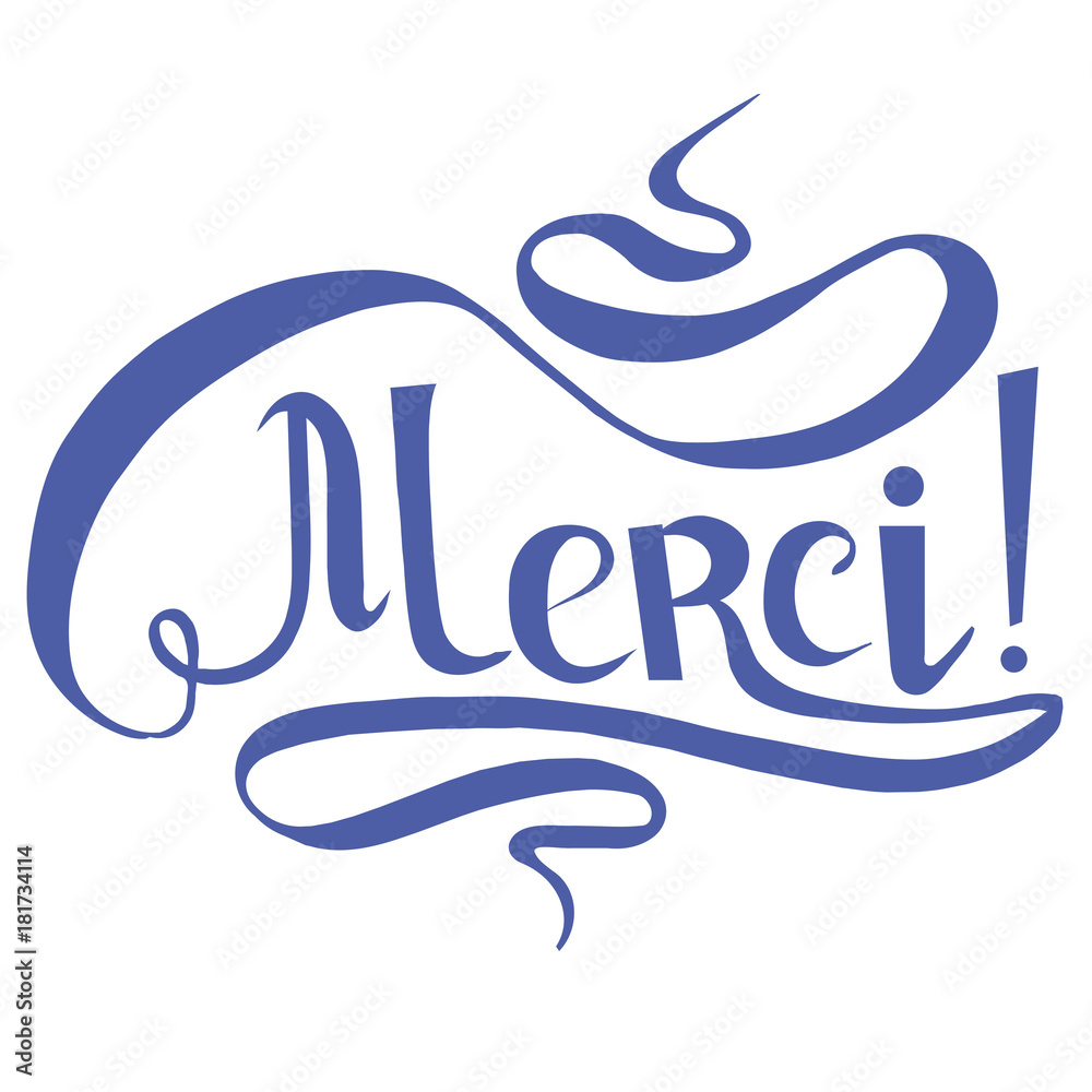 Typography banner blue Merci on white, means thanks in france language ...