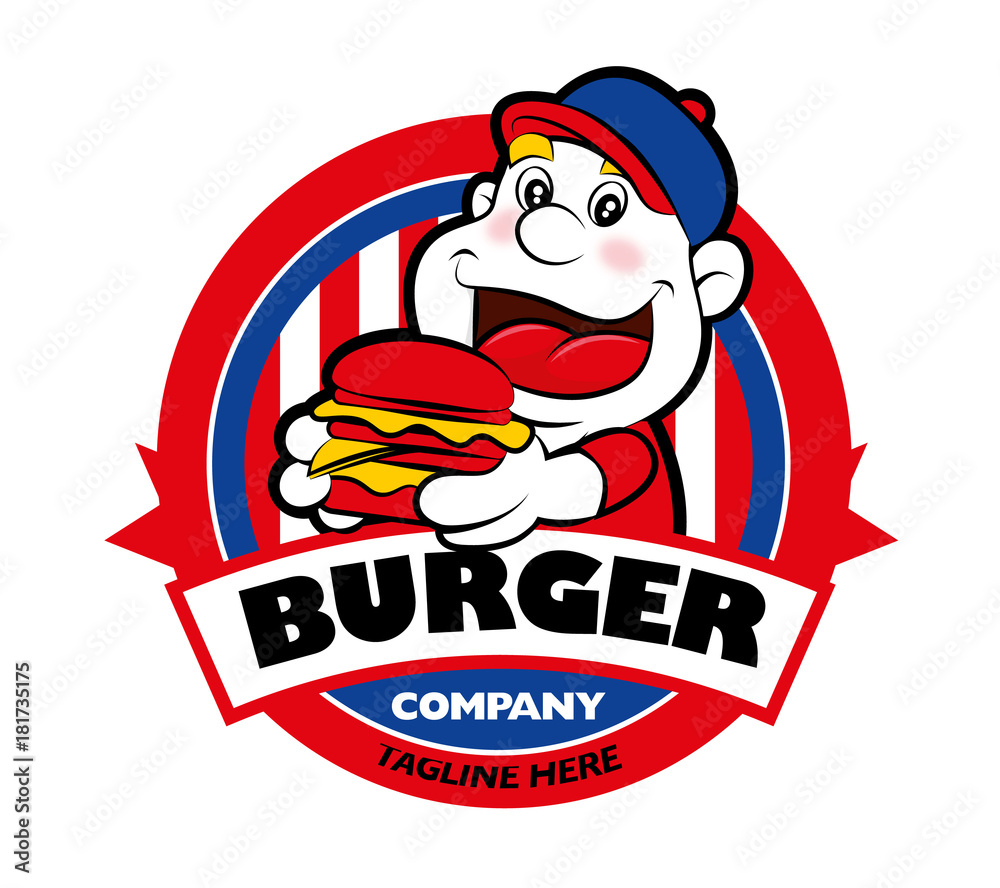 Cartoon cute Fat boy eating a big burger with signboard. Burger ...