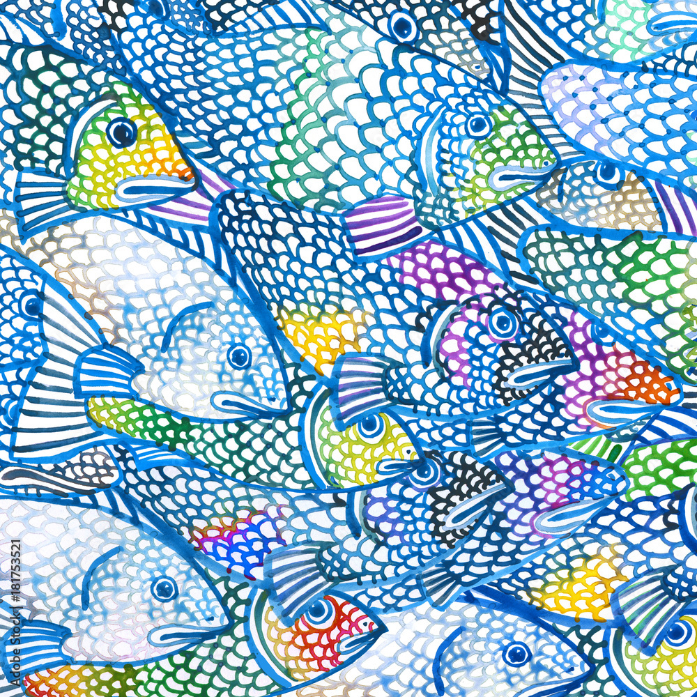 hand-drawn watercolor illustration of colored fish wall mural wallpaper ...