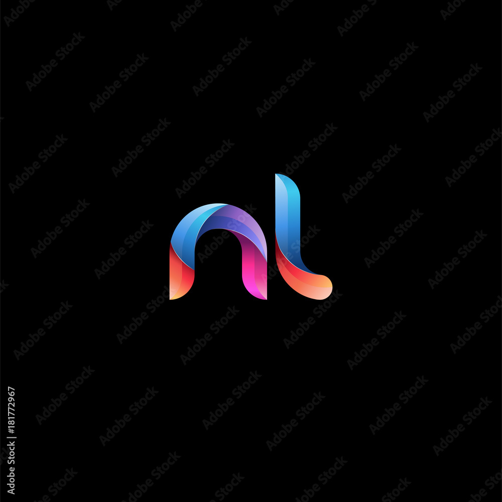 Initial lowercase letter nl, curve rounded logo, gradient vibrant ...