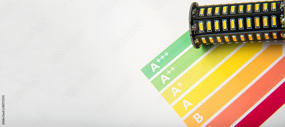 Energy efficiency concept with energy rating chart and LED lamp Stock ...