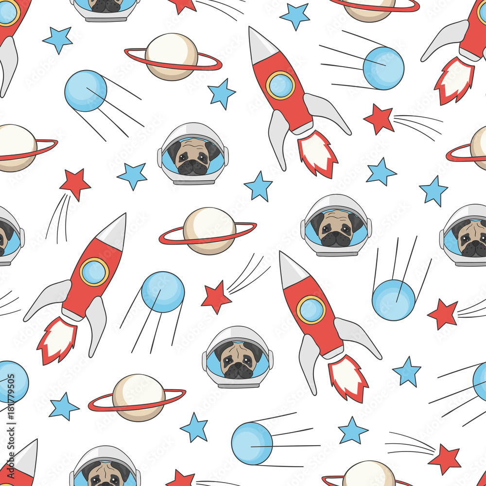 Seamless cartoon space pattern with rockets, stars and cute dogs ...