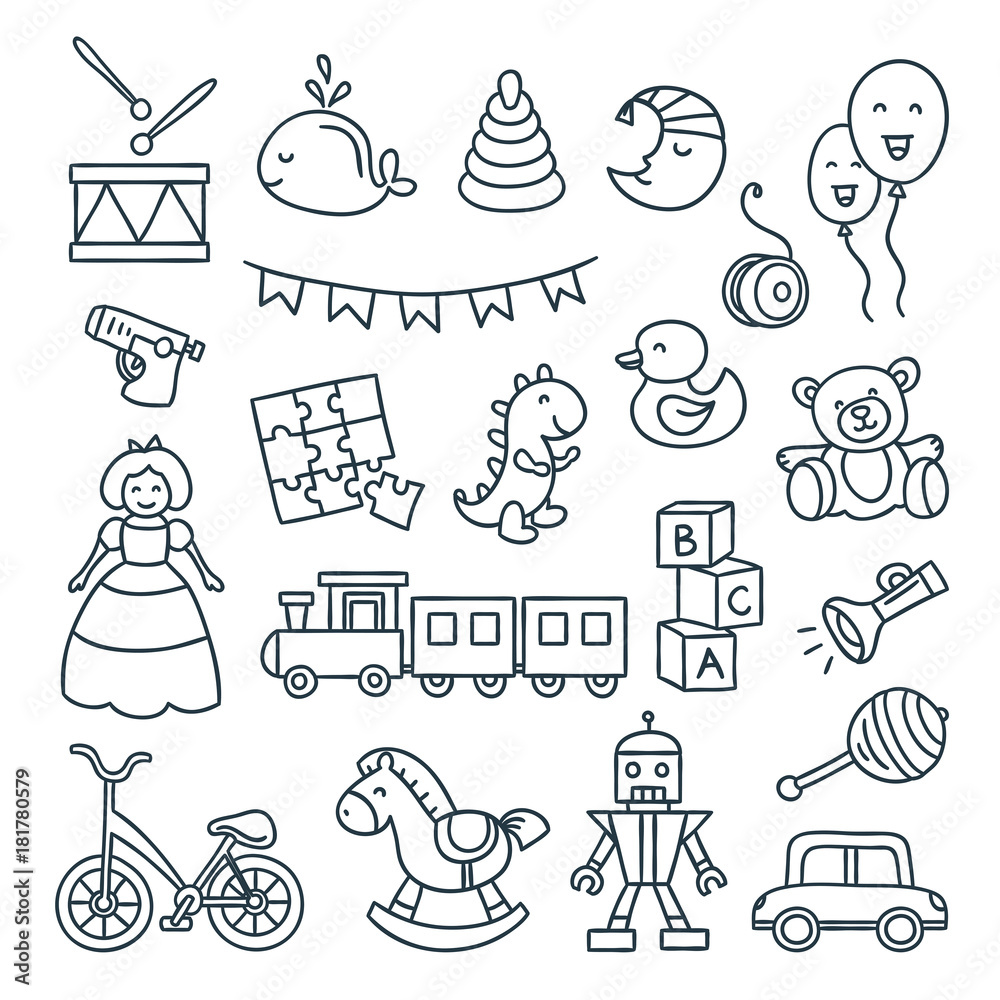Baby and children toys vector outline illustrations. Cute dool, ball ...