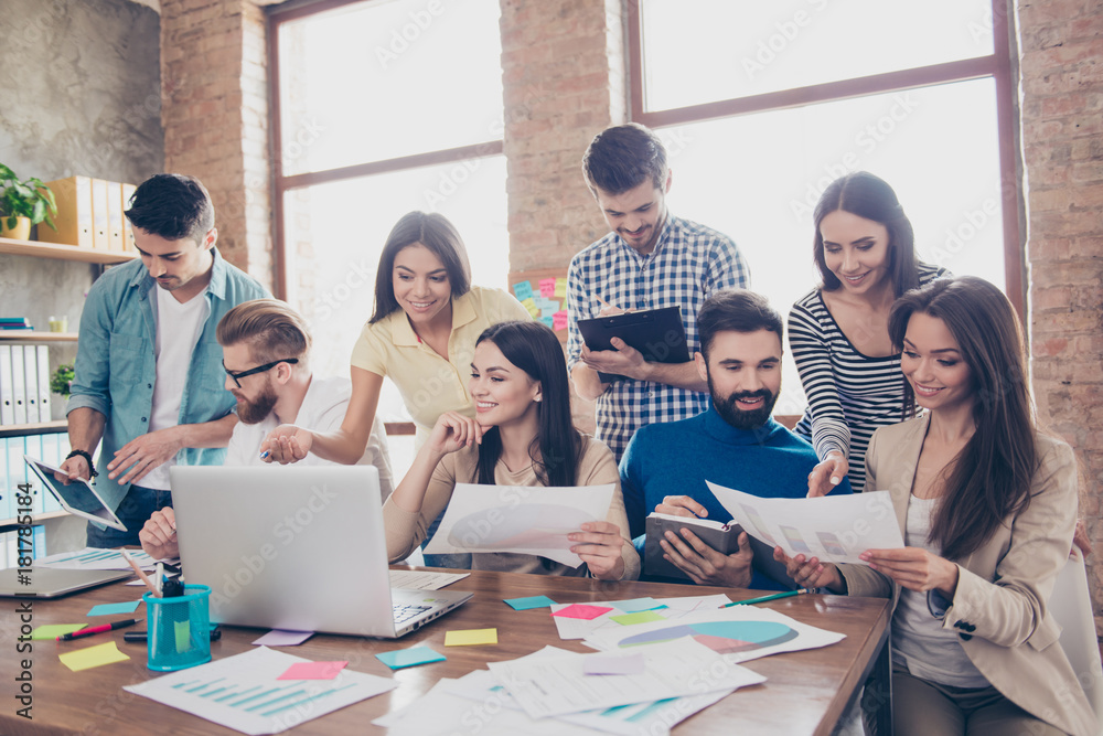 Team building concept. Close up of meeting of colleagues, all of them ...