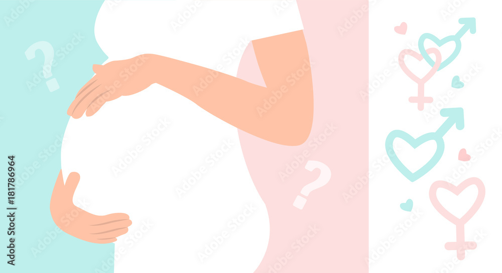Gender symbol pink and blue icon. Boy or girl. Pregnant woman in white ...