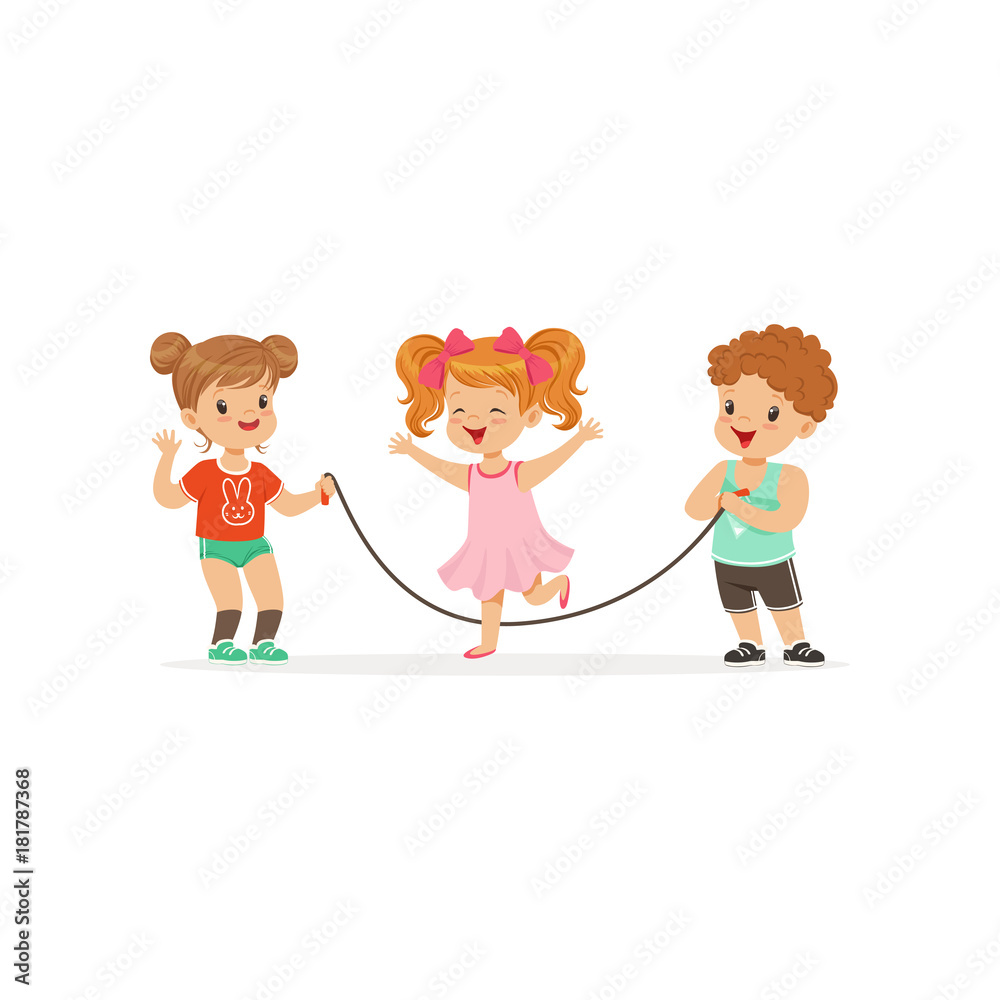 Flat vector illustration of little boy and two girls playing with ...