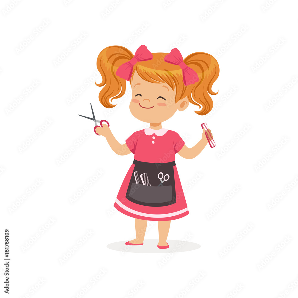 Cartoon preschool girl with apron and barber tools in hands. Hair ...