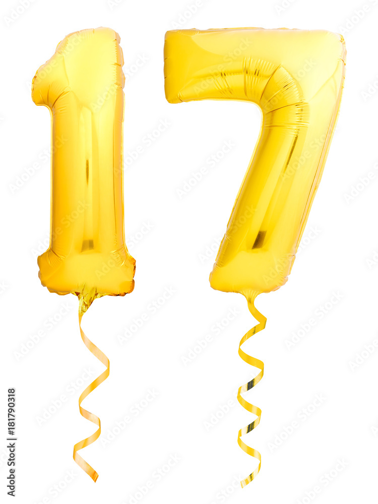 Golden number 17 seventeen made of inflatable balloon with ribbon ...