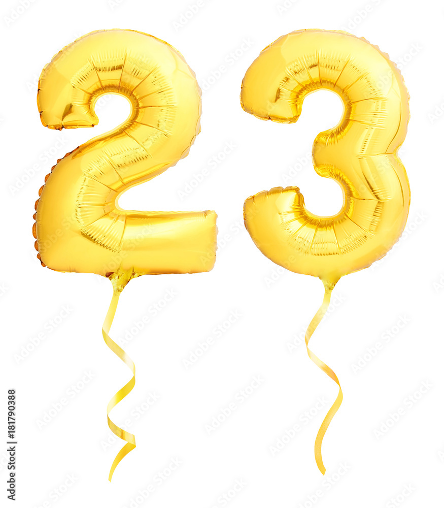 Golden number 23 twenty three made of inflatable balloon with ribbon ...