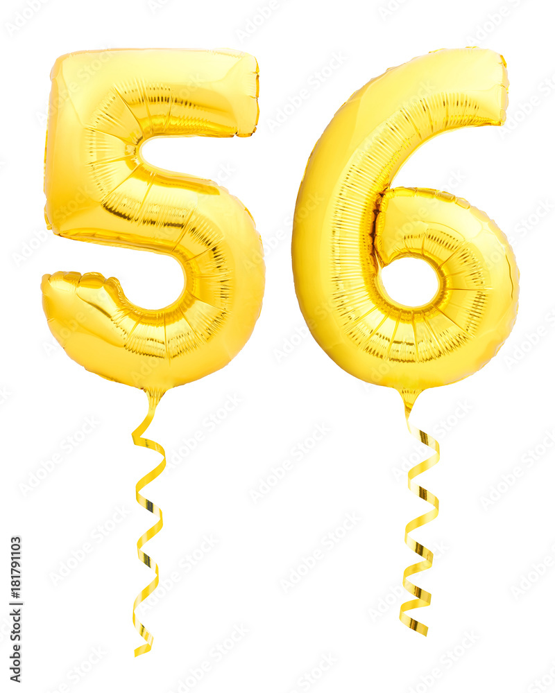 Golden number fifty six 56 made of inflatable balloon with ribbon on ...