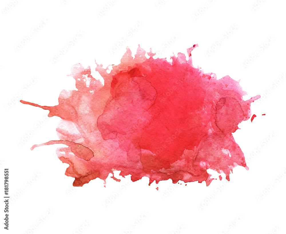 Watercolor red stain with blots, paper texture, isolated on a white ...
