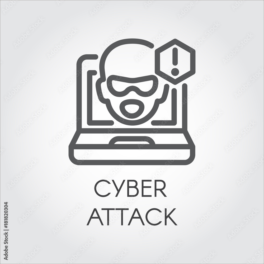 Cyber attack line icon. Virtual hacking PC, laptop and software linear ...
