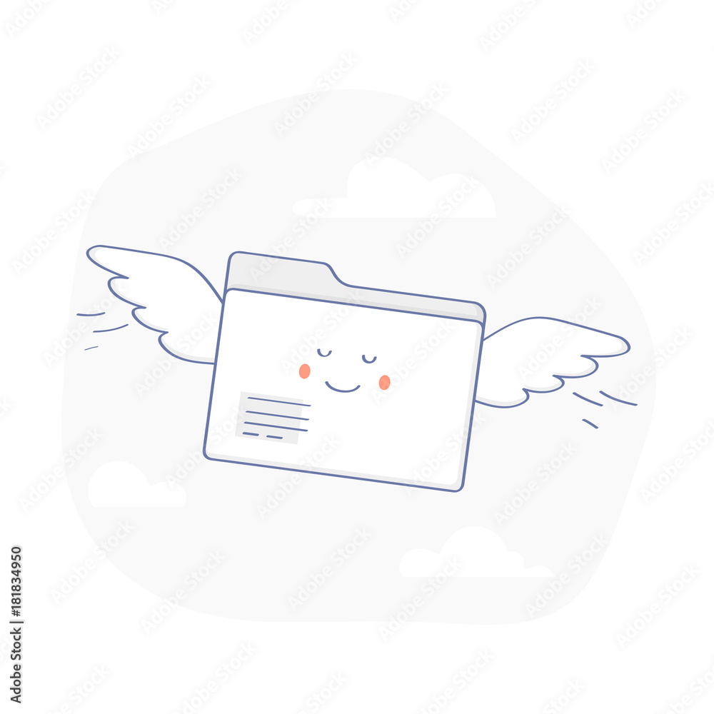 Cute happy cartoon folder with wings flies in the sky. Sending data ...