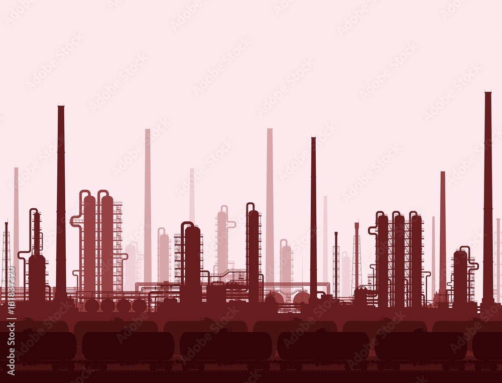 Oil and gas refinery or chemical plant with train tanks. Crude oil ...