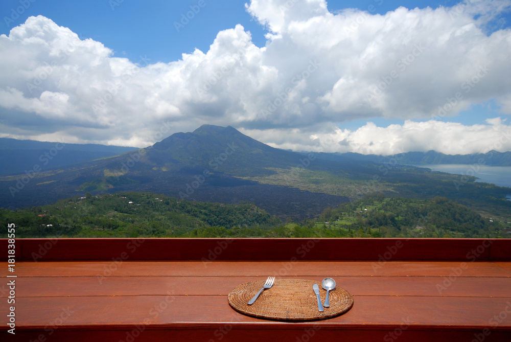 table at restaurant, Volcano mountain Batu, Bali, Indonesia Stock Photo ...
