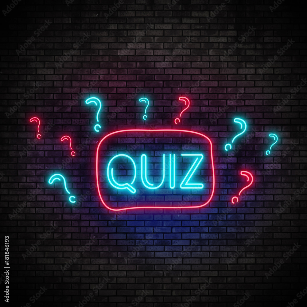 Quiz Neon Light on Brick Wall. Night Club Bar Blinking Sign Style. 3d ...